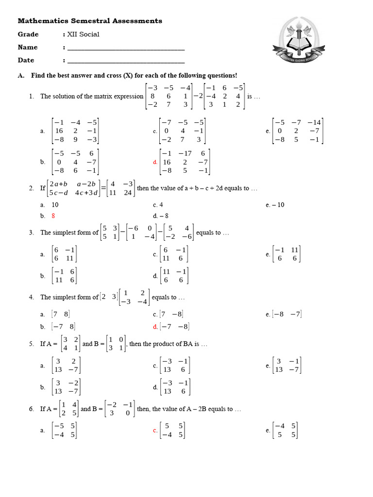 Sa1 Grade Xii Ips | PDF | Algebra | Mathematics