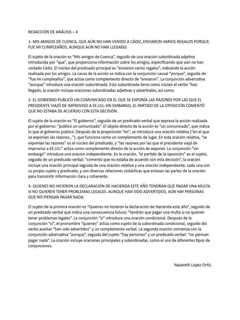 REDACCIÓN DE ANÁLISIS - 4 Nazareth Lopez | PDF | Oración (Lingüística) | Predicado (Gramática)