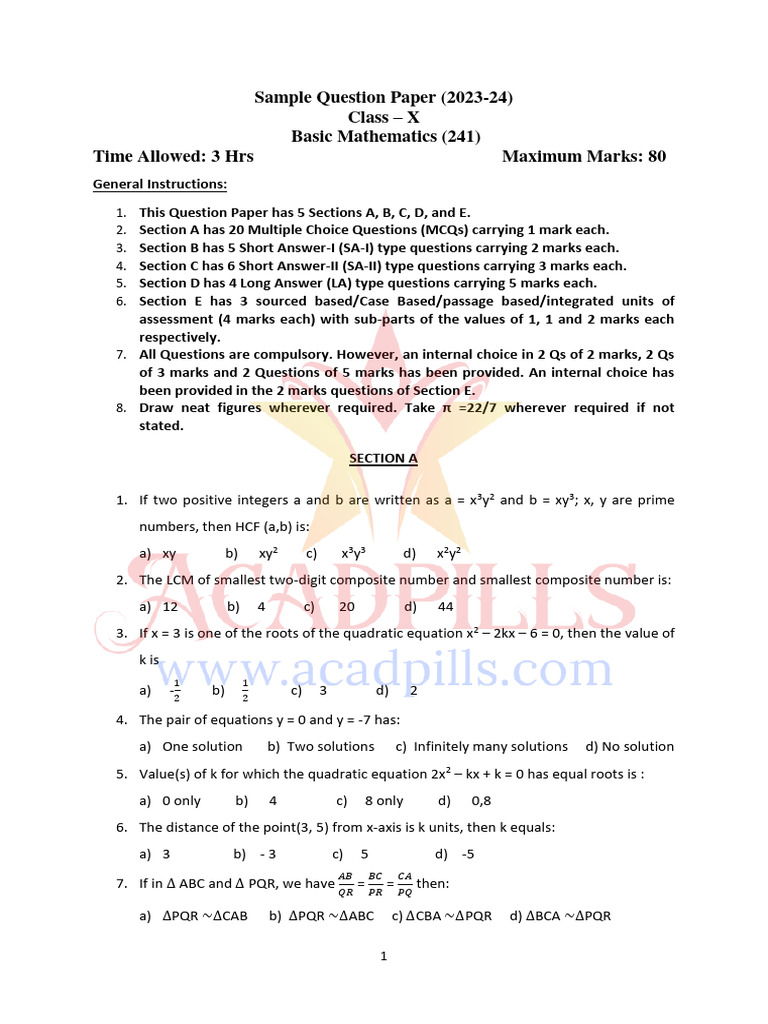 Maths Basic SQP 2024 | PDF | Circle | Area