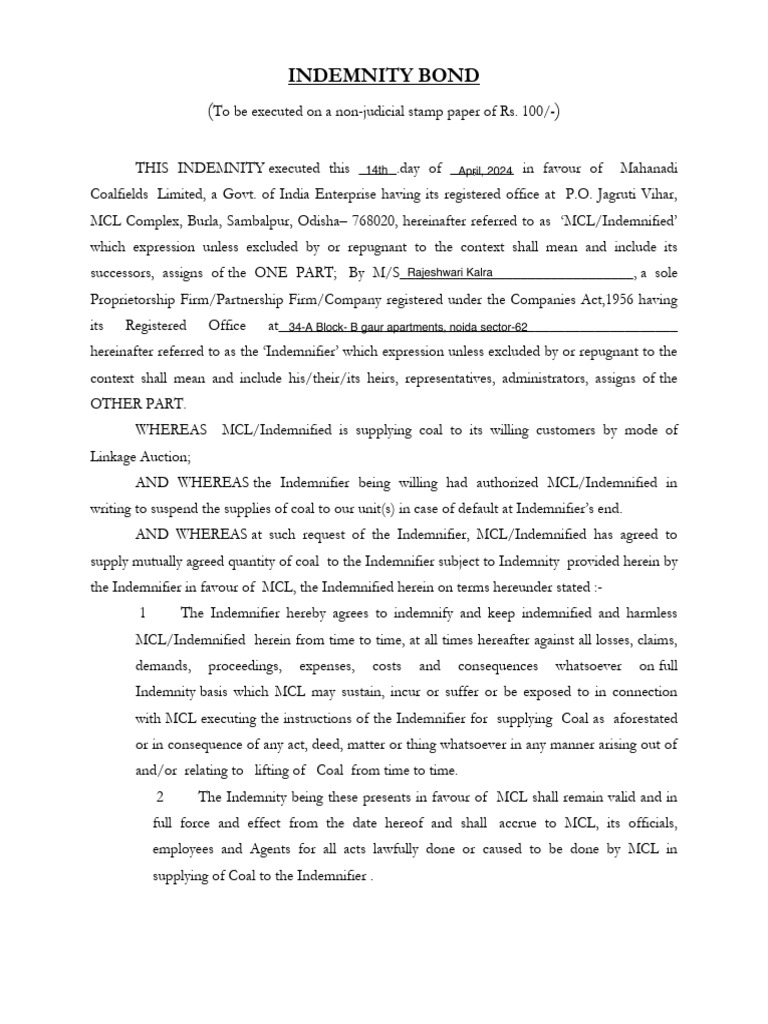 Format of INDEMNITY BOND | PDF | Indemnity | Breach Of Contract