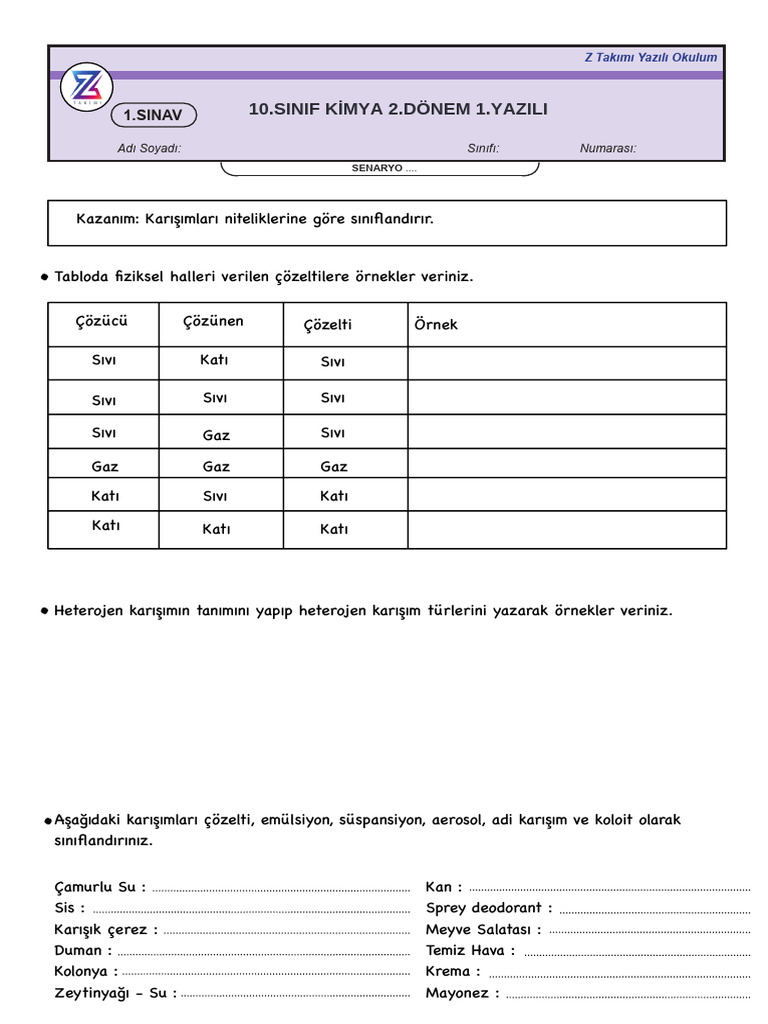 10.sinif Kimya 2.donem 1.yazili Ornegi PDF | PDF