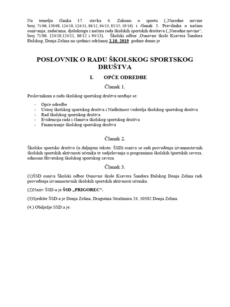 Poslovnik ŠSD Prigorec | PDF