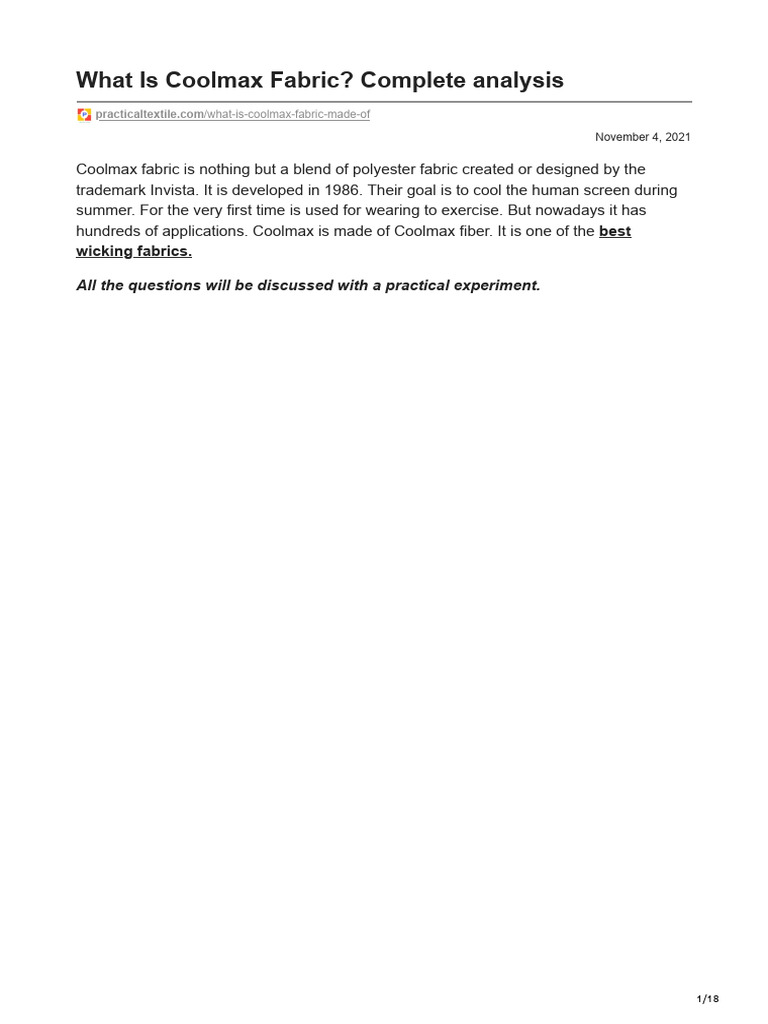 What Is Coolmax Fabric Complete Analysis | PDF | Textiles | Knitting