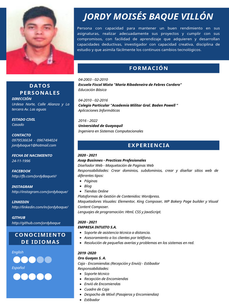Perfil Profesional de Jordy Baque | PDF | Mi sql | Microsoft
