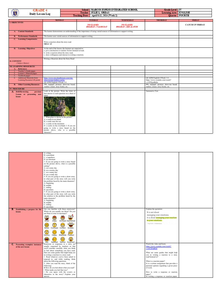 ENGLISH 4 Q4 WEEK 2 DLL-WITH HOLIDAYS | PDF | Learning | Hotel