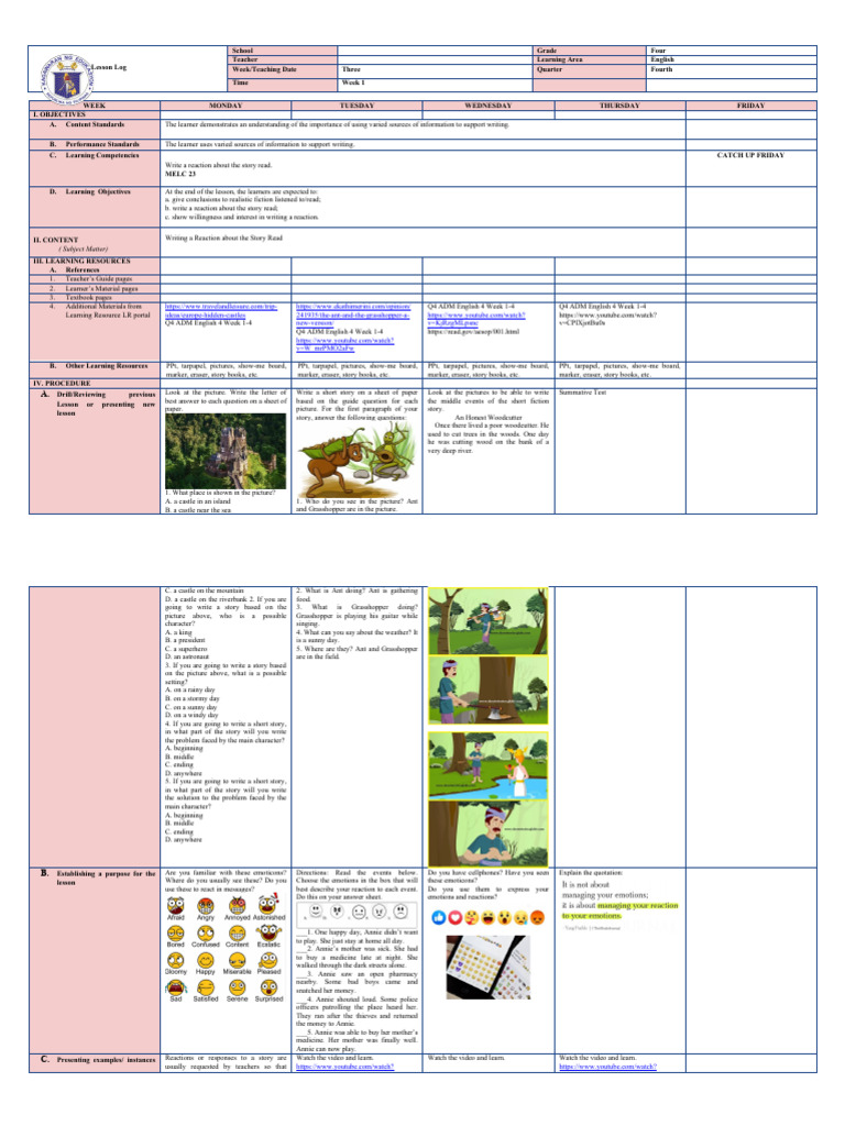 Daily Lesson Log: English Grade 4 | PDF | Learning