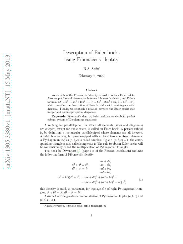 Description of Euler Bricks Using Fibonaccis Iden | PDF | Mathematics | Number Theory