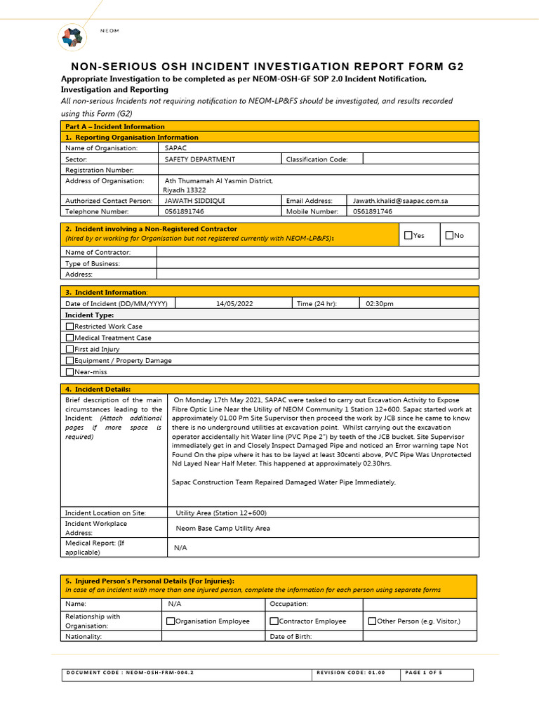 NEOM-OSH-GF-Form G2 - Non-Serious OSH Incident Investigation Report Rev ...
