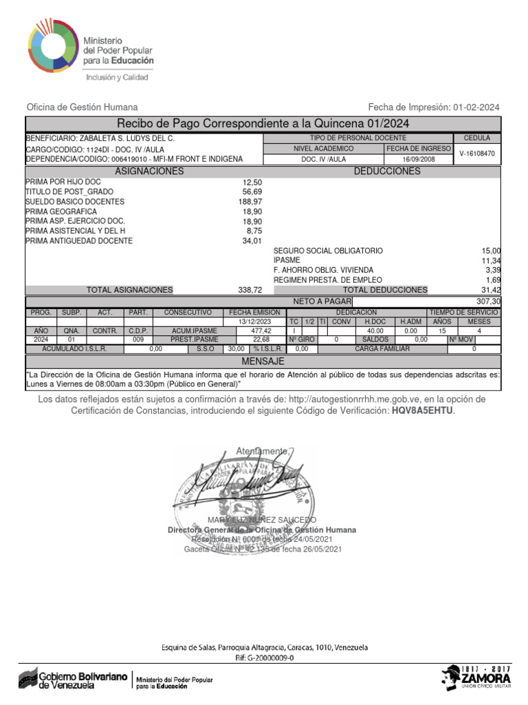 Recibo de Pago Quincena 01/2024 Docente | PDF