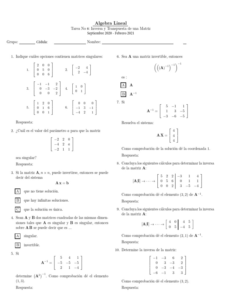 HW06 Inversa | PDF | Matriz (Matemáticas) | Análisis matemático