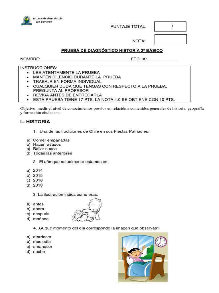 Prueba Diagnóstico Historia 2º Básico | PDF | Chile