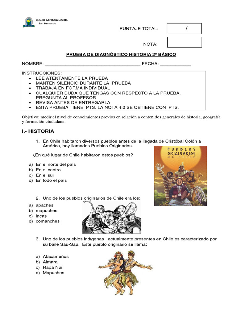 Prueba Diagnóstica Historia 2º Básico | PDF | Chile