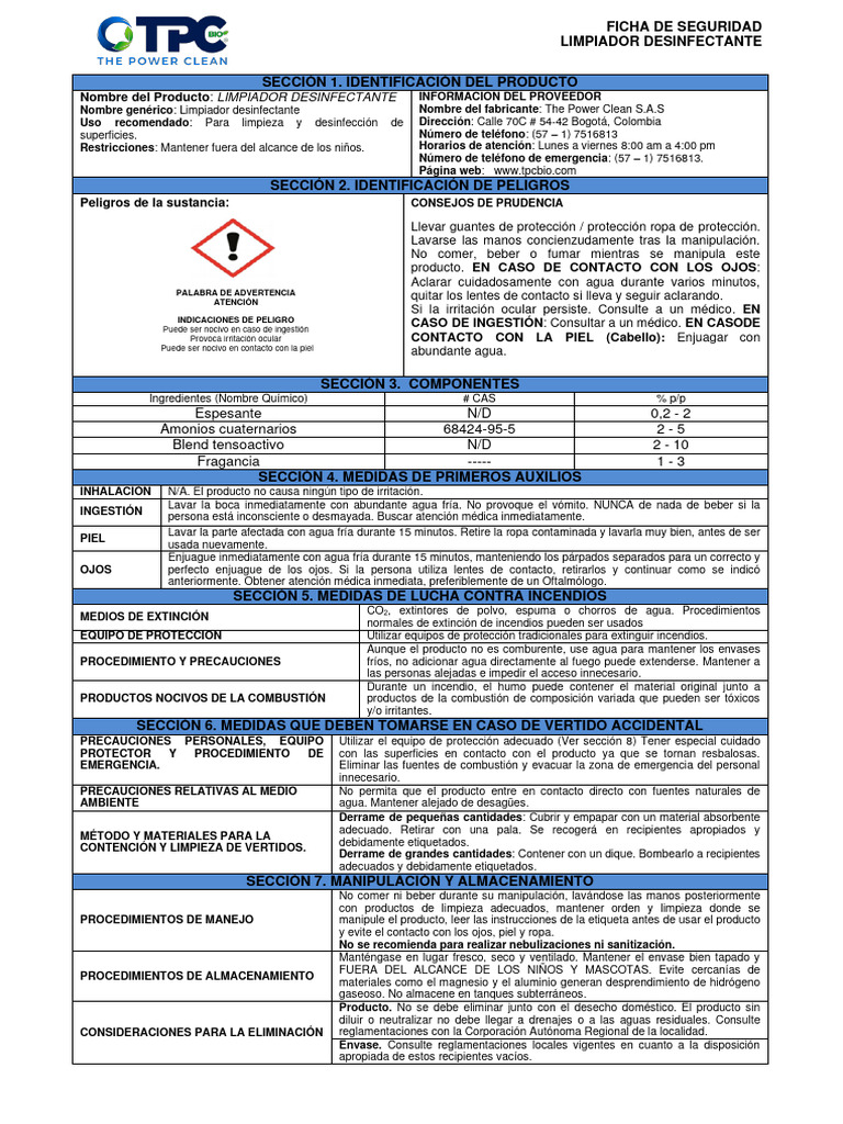Ficha Seguridad Limpiador Desinfectante | PDF | Agua | Toxicidad