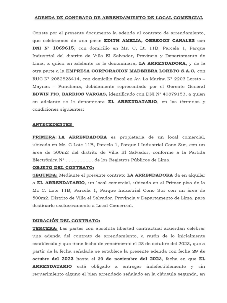 Adenda Contractual Al Contrato de Arrendamiento | PDF