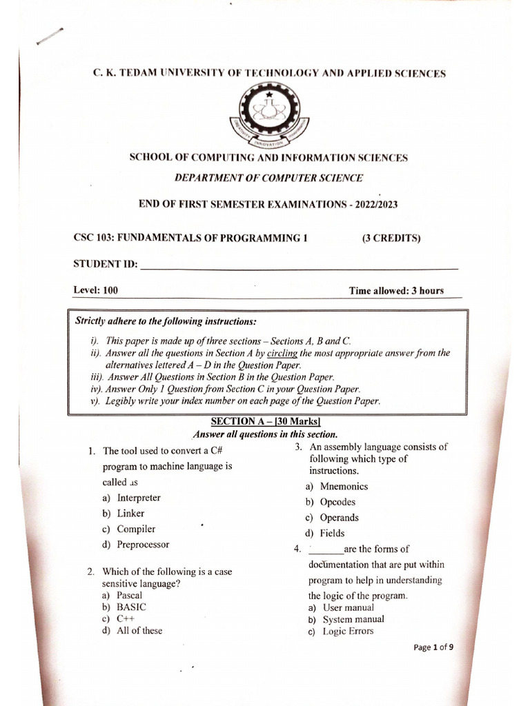 CSC 103 Passco 2022 - 2023 | PDF