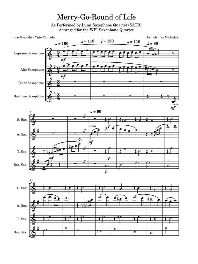 Merry-Go-Round of Life Joe Hisaishi For SATB Saxophone Quartet | PDF ...