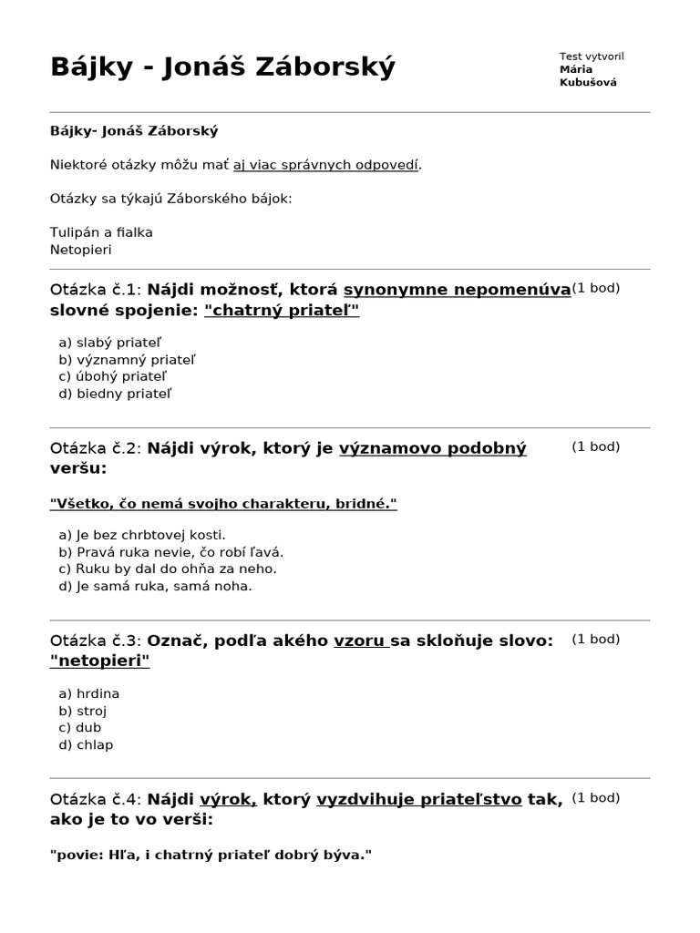 Bájky - Jonáš Záborský | PDF