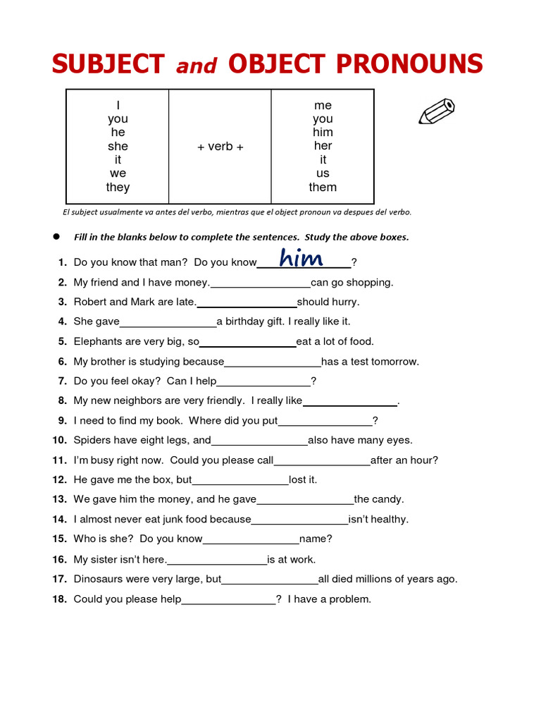 Subject vs object pronoun exercises with key-1 | PDF | Linguistic ...