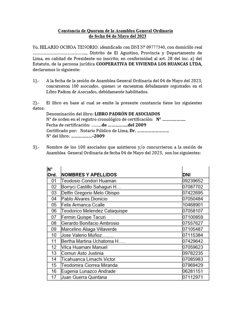 Constancia de Quorum de La Asamblea General Ordinaria COOPERATIVA ... Constancia de Quorum de La Asamblea General Ordinaria COOPERATIVA ...