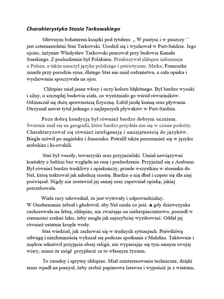 Charakterystyka Stasia Tarkowskiego | PDF