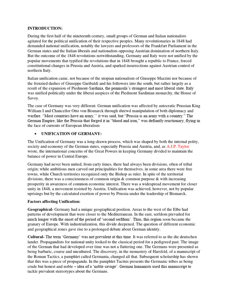 UNIFICATION OF ITALY AND GERMANY - Assignent | PDF | Otto Von Bismarck ...