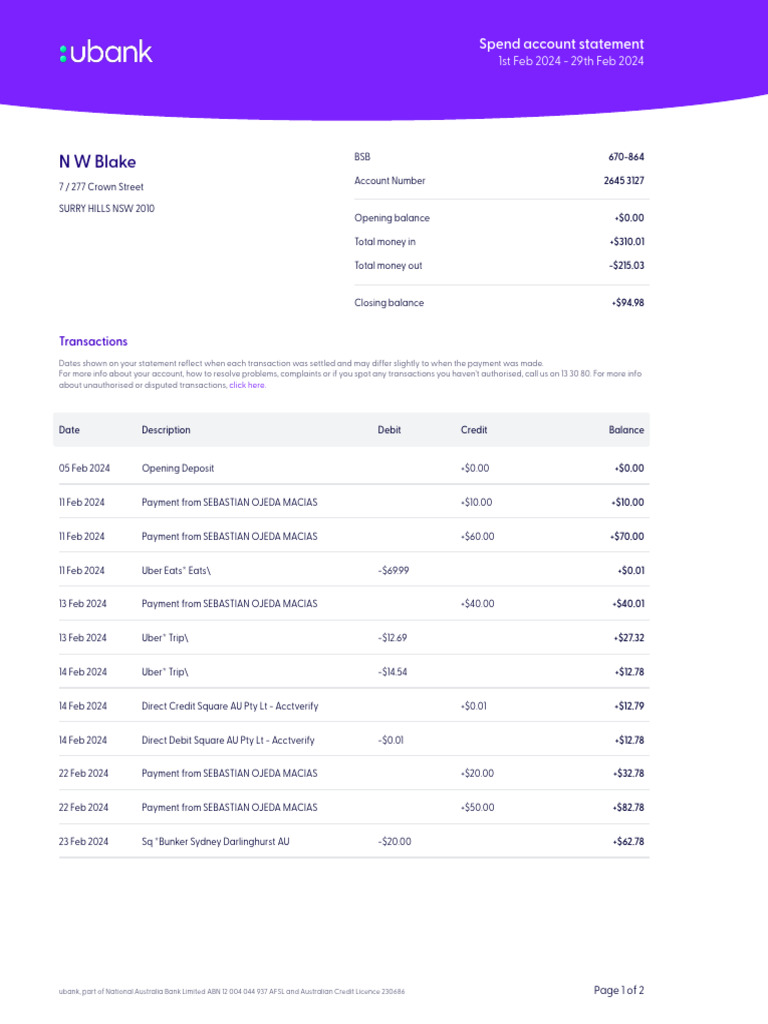February 2024 UBank Account Statement | PDF | Debit Card | Credit Card