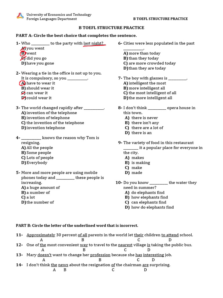 B TOEFL Structure Practice | PDF