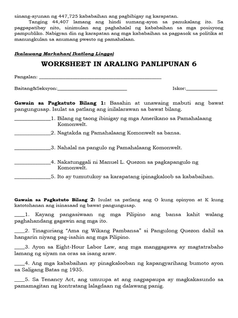 Quarter 2 Week 3 AP6 Module. Worksheet | PDF