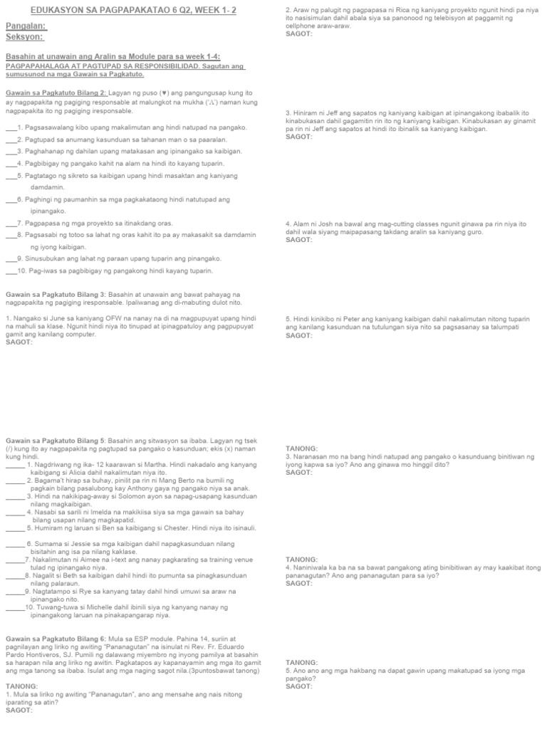 Quarter 2 Week 1-4 ESP6 Worksheet | PDF