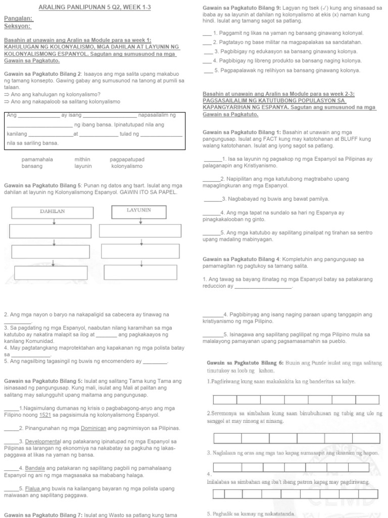 Quarter 2 Week 1-8 AP5 Worksheet | PDF
