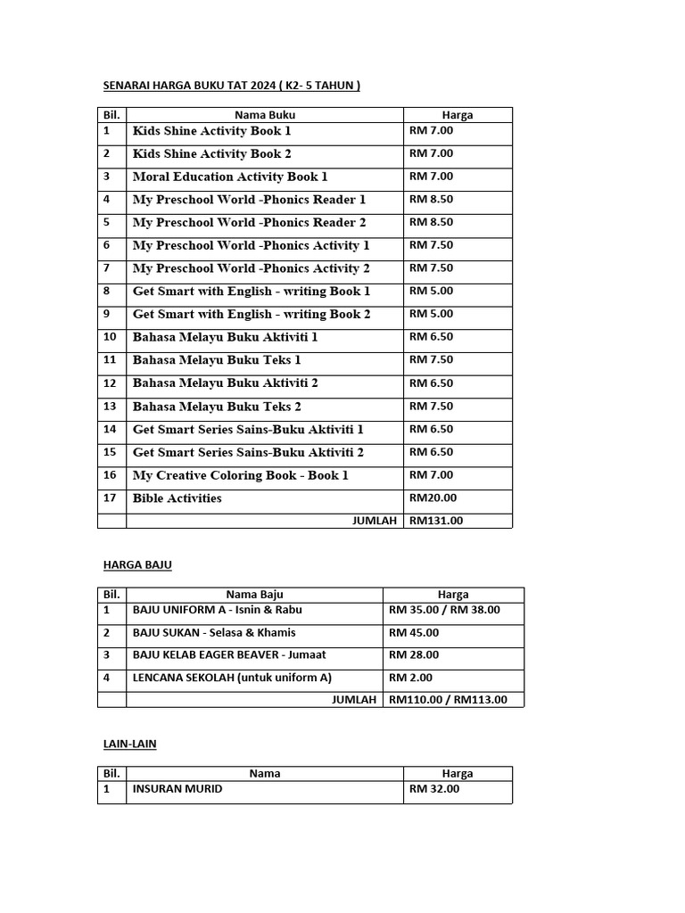 SENARAI HARGA BUKU, dll K2 2024 | PDF