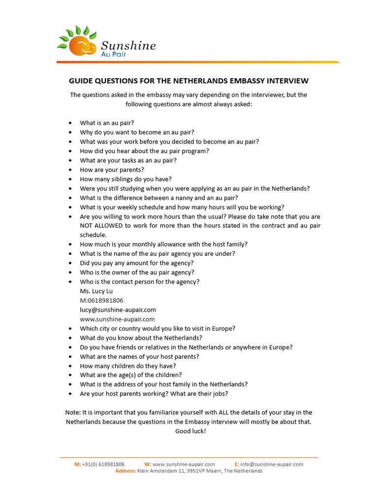 Sunshine AP Guide Questions for Dutch Embassy Interview | PDF