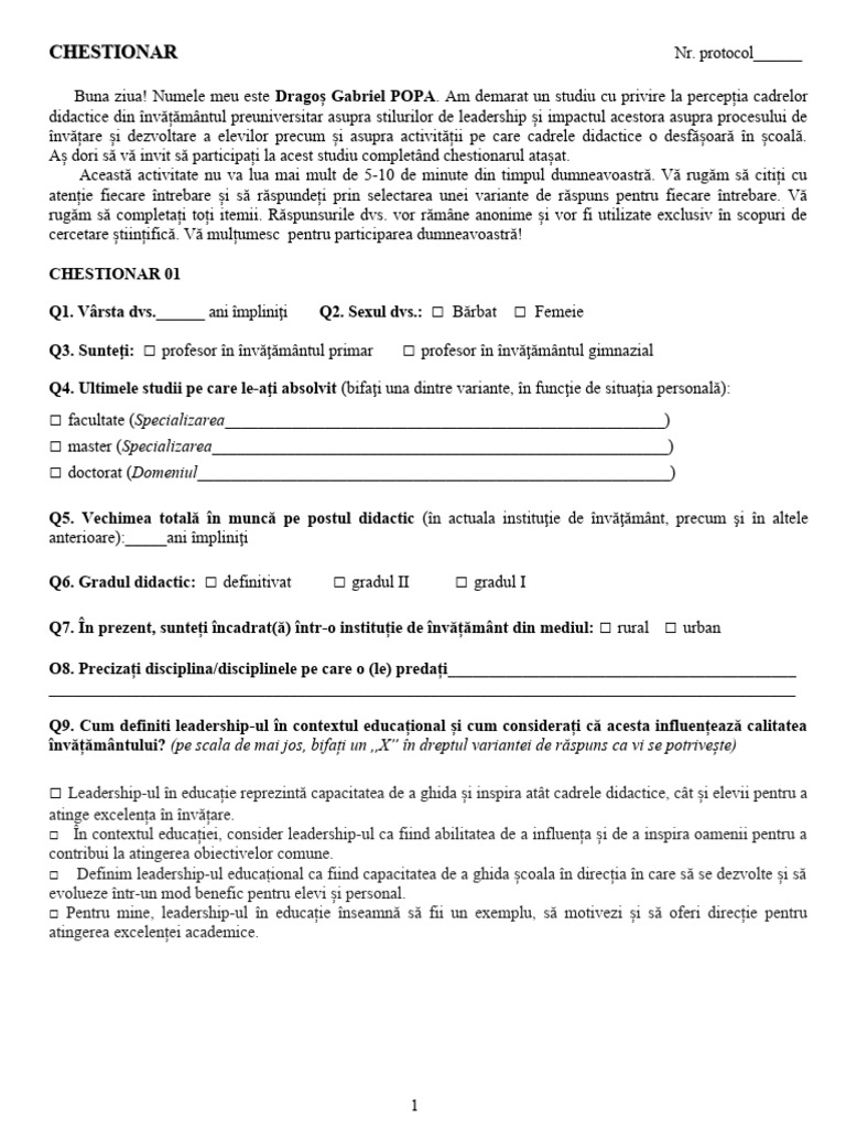 Chestionar - Popa - Dizertatie | PDF