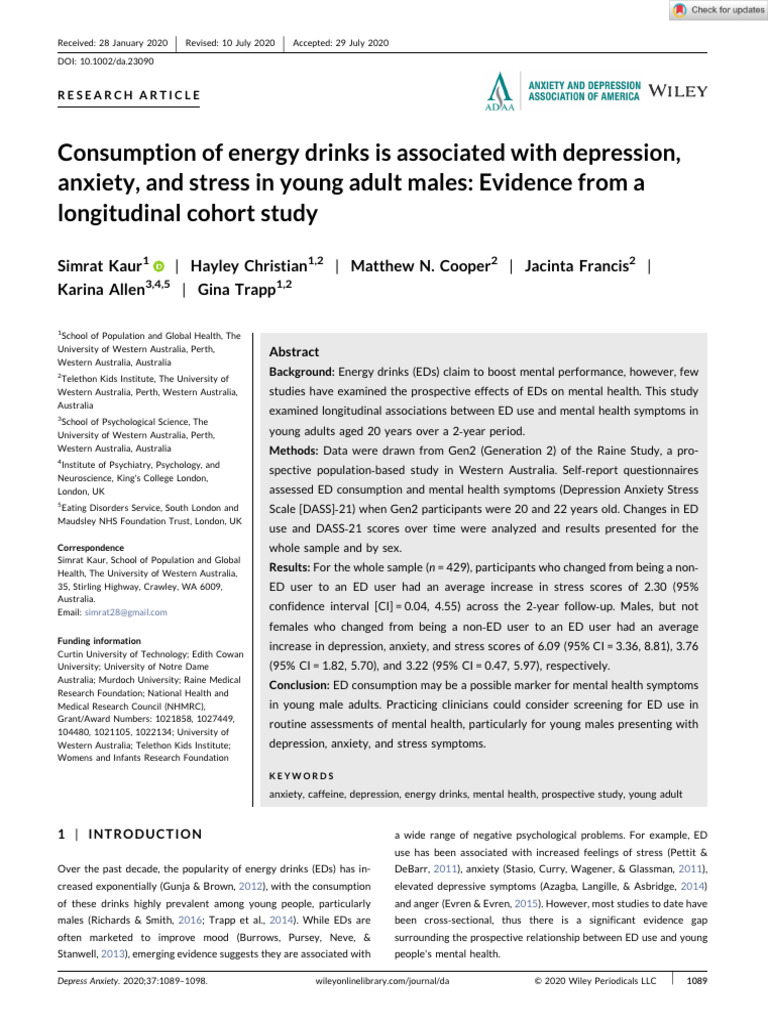 Depression and Anxiety - 2020 - Kaur - Consumption of Energy Drinks Is Associated With ...