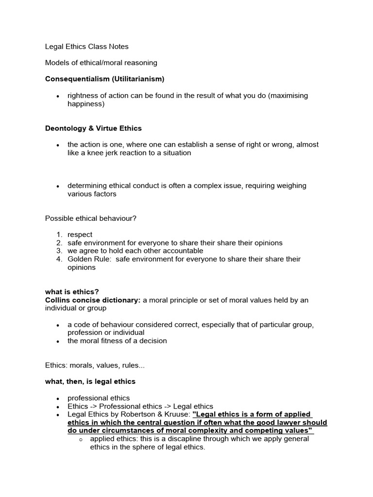 Legal Ethics Class Notes | PDF | Morality | Virtue