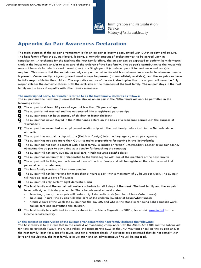 Appendix Au Pair Awareness Declaration Oct 2022 Pdf Justice