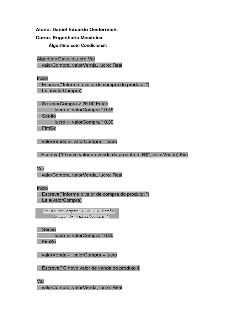 Algorítimo Com Condicional | PDF | Engenharia