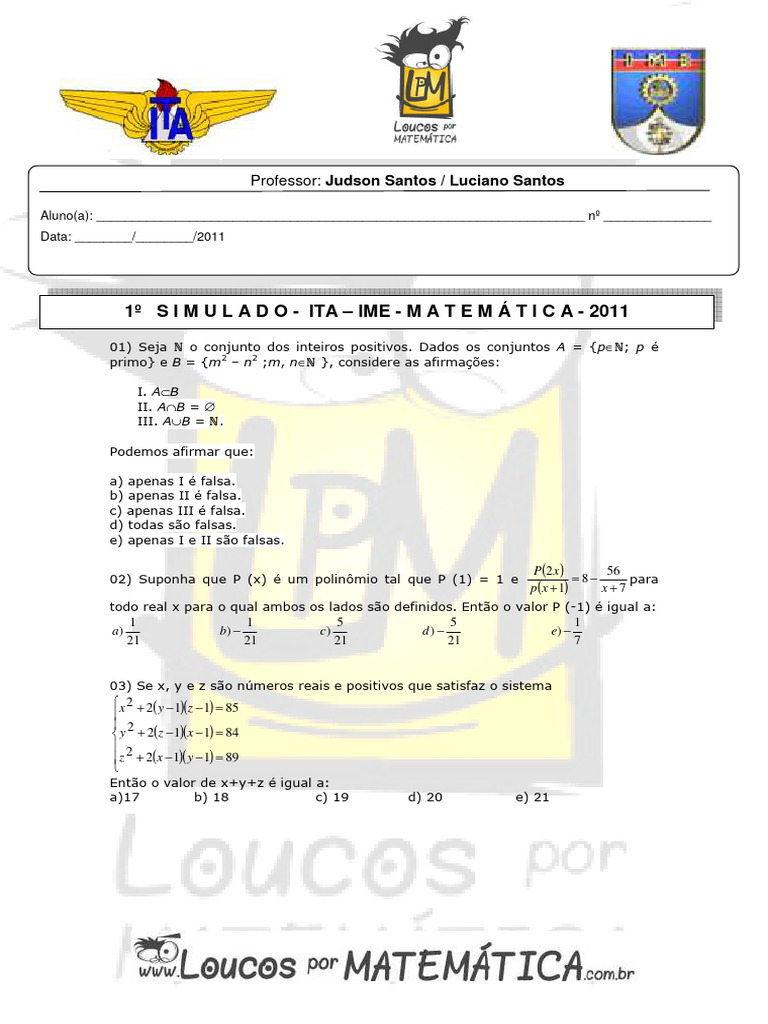 Simulado de Matemática ITA-IME 2011 | PDF | Triângulo | Número complexo
