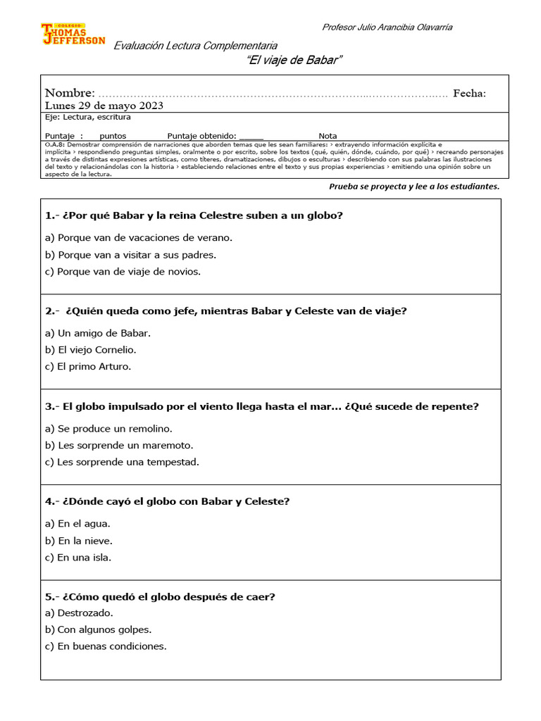 Prueba EL VIAJE DE BABAR 2023 2 Do Basico | PDF