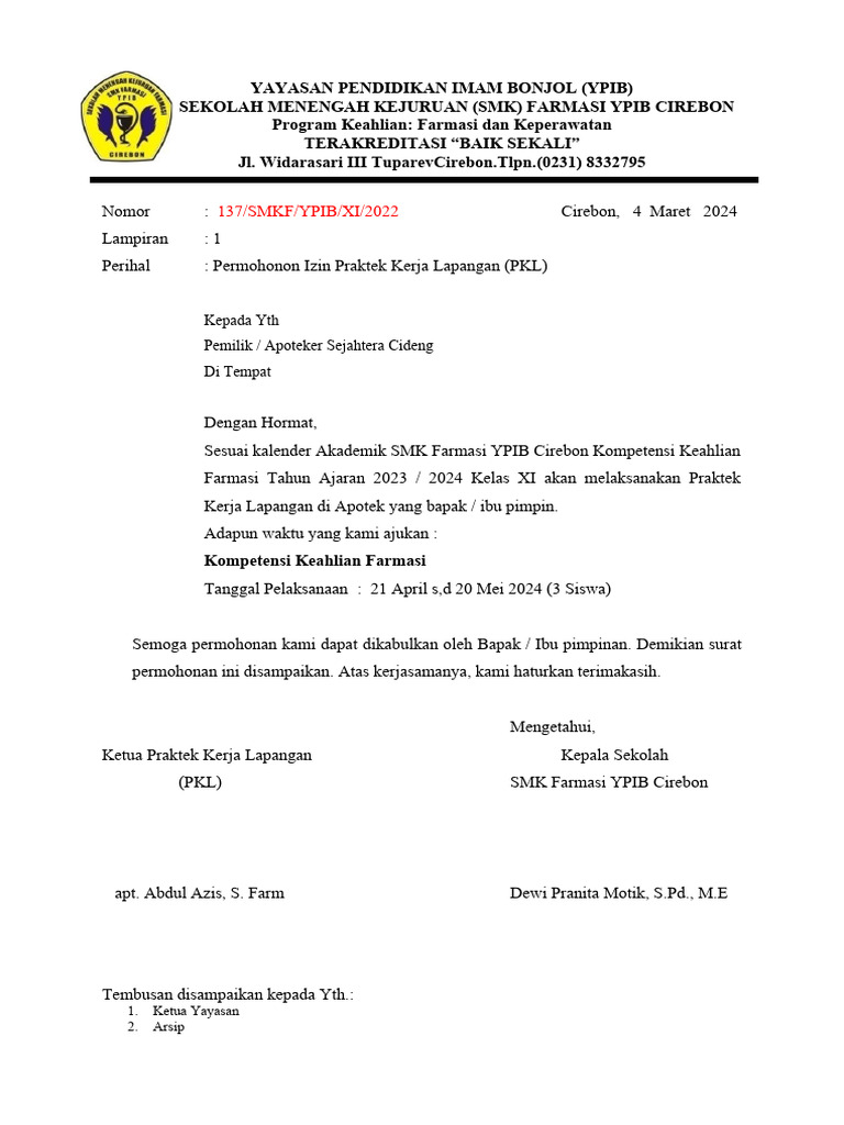 Surat Permohonan Izin PKL APOTEK CIREBON | PDF | Sains & Matematika