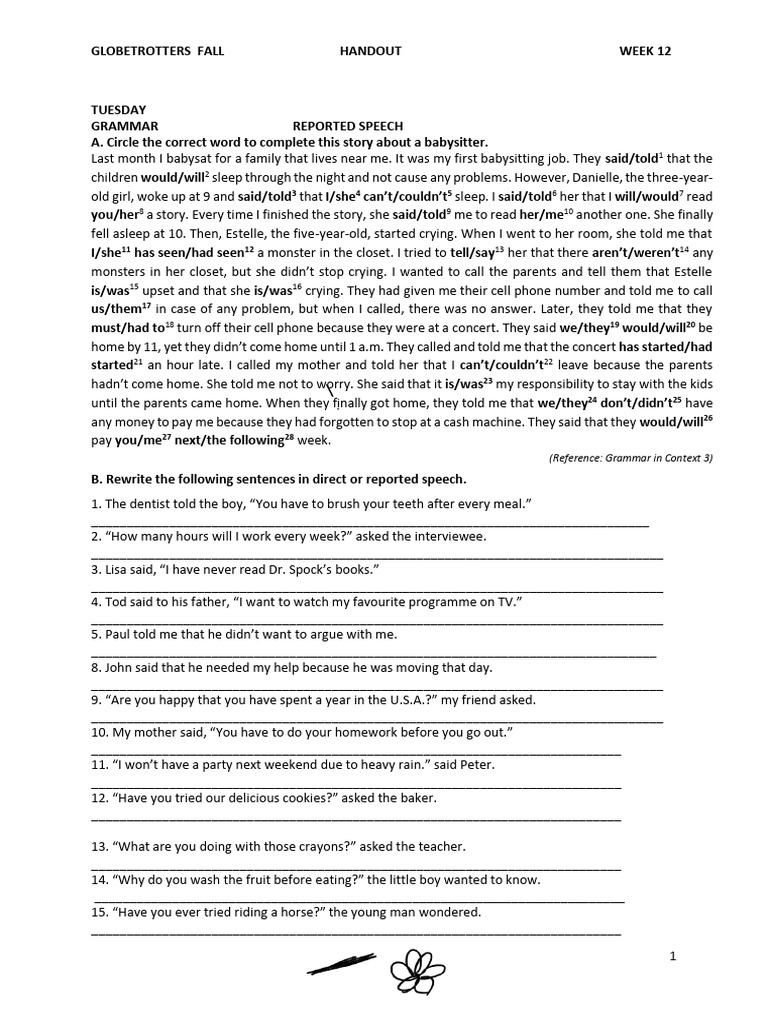 Handout Grammar (Reported Speech) | PDF