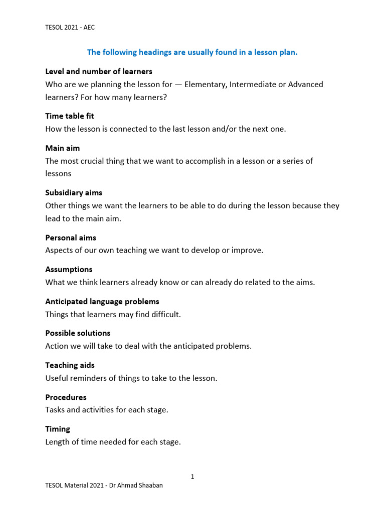 SMART - Lesson Plans Headings | PDF | Learning | English As A Second Or ...
