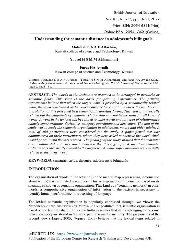 Understanding The Semantic Distance in Adolescents Bilinguals. | PDF | Lexicon | Semantics