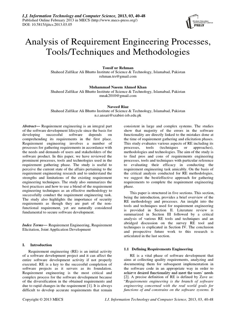 Analysis of Requirement Engineering Processes, Tools, Techniques and ... Analysis of Requirement Engineering Processes, Tools, Techniques and ...