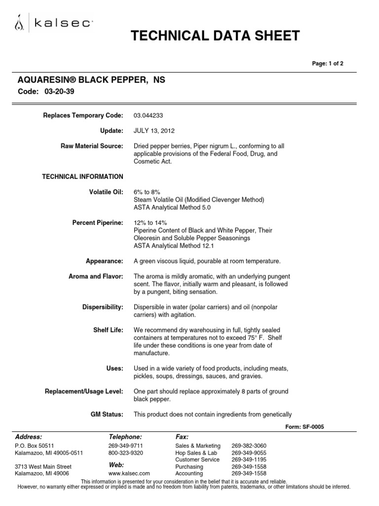 03-20-39 Technical Data Sheet - 7!13!12 | PDF | Black Pepper | Foods