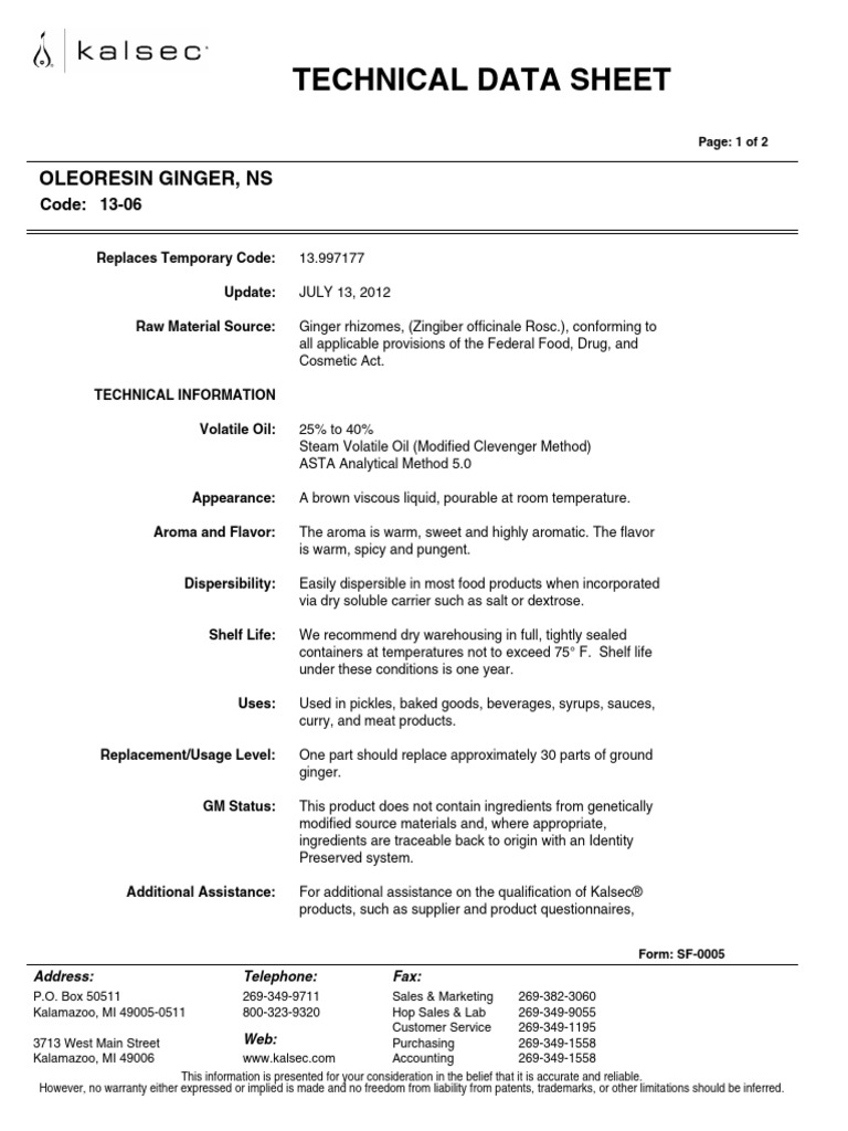 13-06 Technical Data Sheet - 7!13!12 | PDF | Ginger | Foods