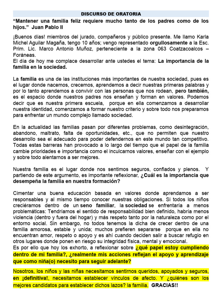 Discurso de Oratoria | Descargar gratis PDF | Familia | Sociedad