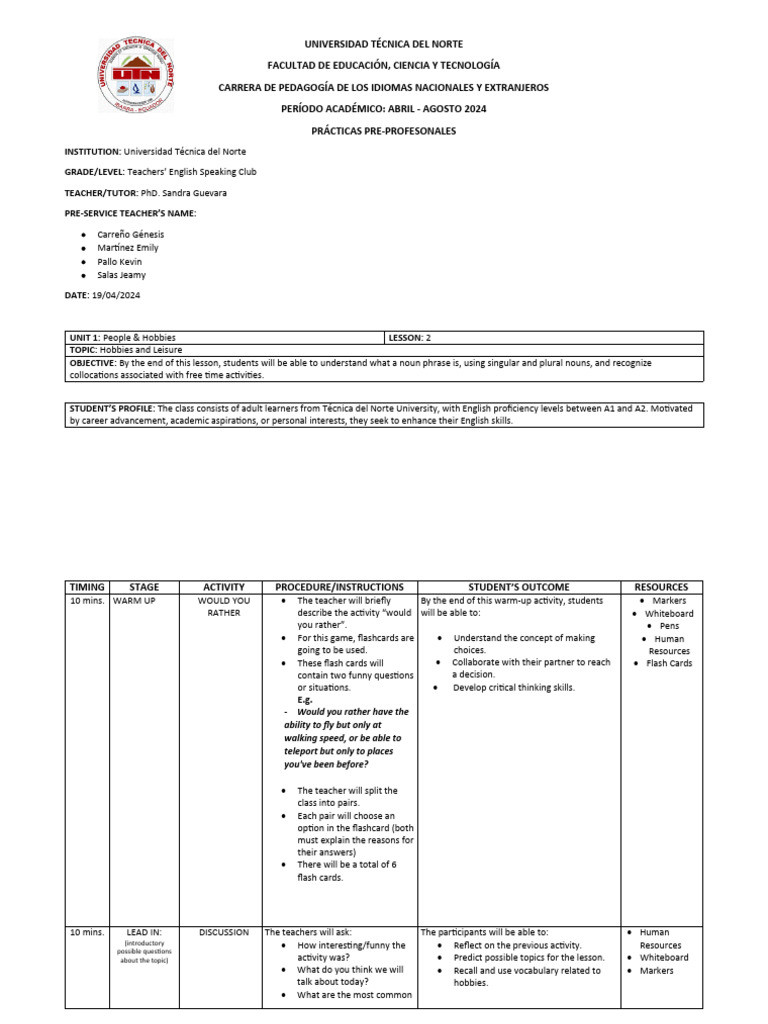 Lesson Plan 2 Hobbies | PDF | Noun | Plural