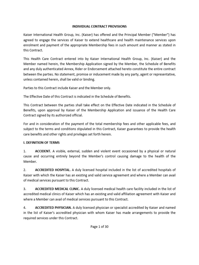 Kaiser Ultimate Individual Contract Provisions | PDF | Surgery | Hospital
