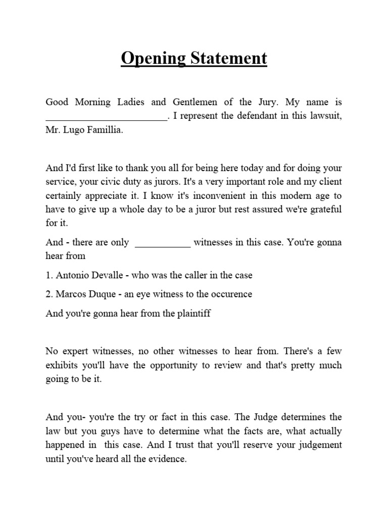 Jury Opening Statement for Defense Case | PDF | Evidence (Law) | Knowledge